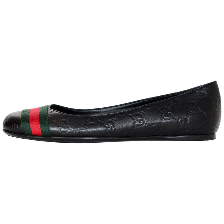 Gucci Black Leather Embossed Monogram Ballet Flats Shoes W/ Web Sz 35.5 ...