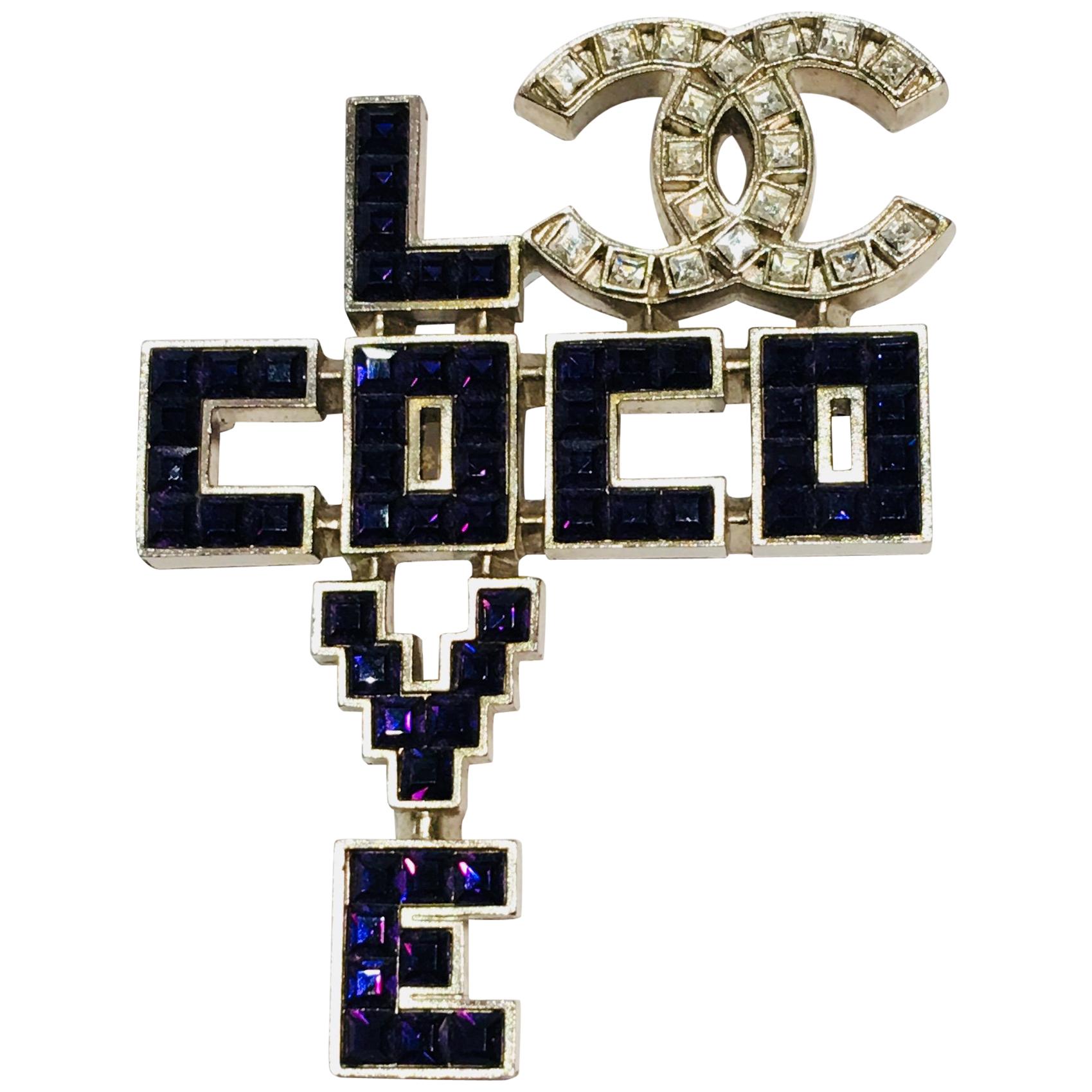 Chanel “LOVE COCO” Logo Dark Purple and White Crystal Pin Spring 2008 ...