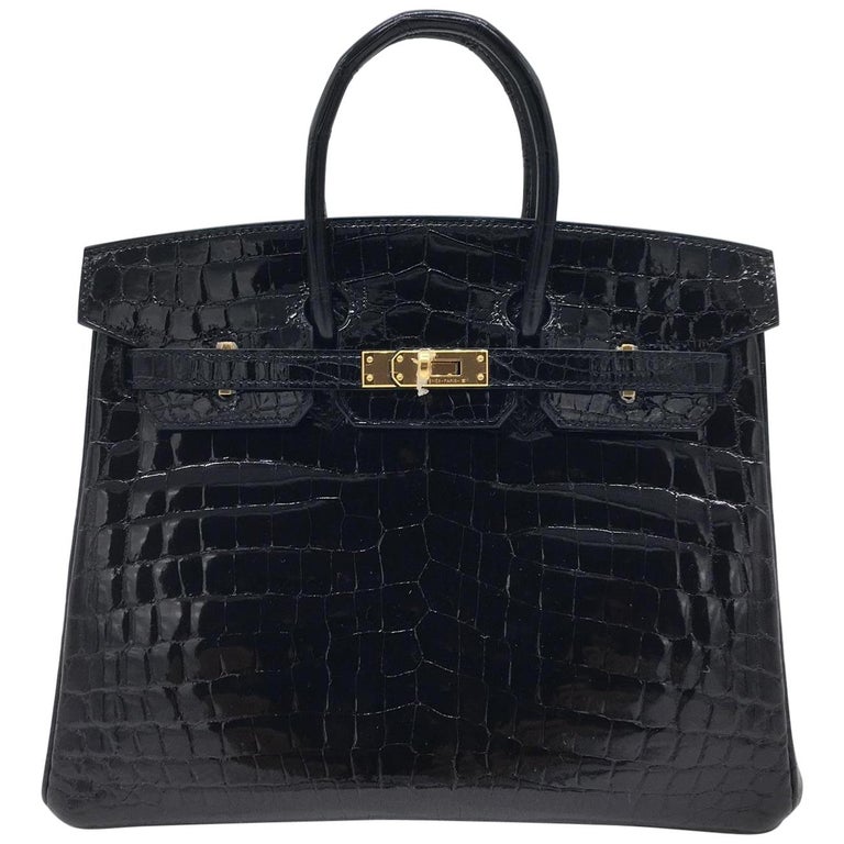 Hermes Black shiny crocodile Birkin 25cm Bag For Sale at 1stDibs