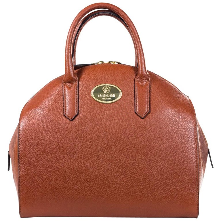 Roberto Cavalli Womens Tan Grained Leather Bowler Handbag at 1stDibs