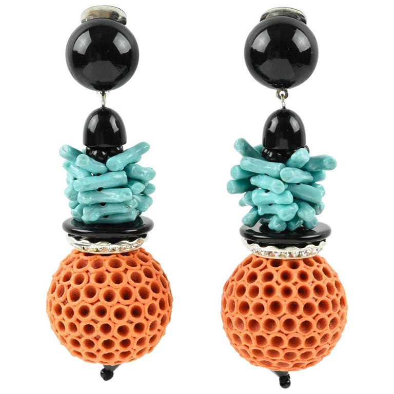 Angela Caputi Coral and Turquoise Dangling Resin Clip On Earrings at ...