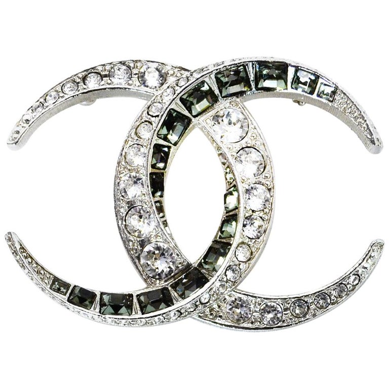 Chanel Logo CC Silvertone Clear Round and Grey Square Crystal Brooch ...
