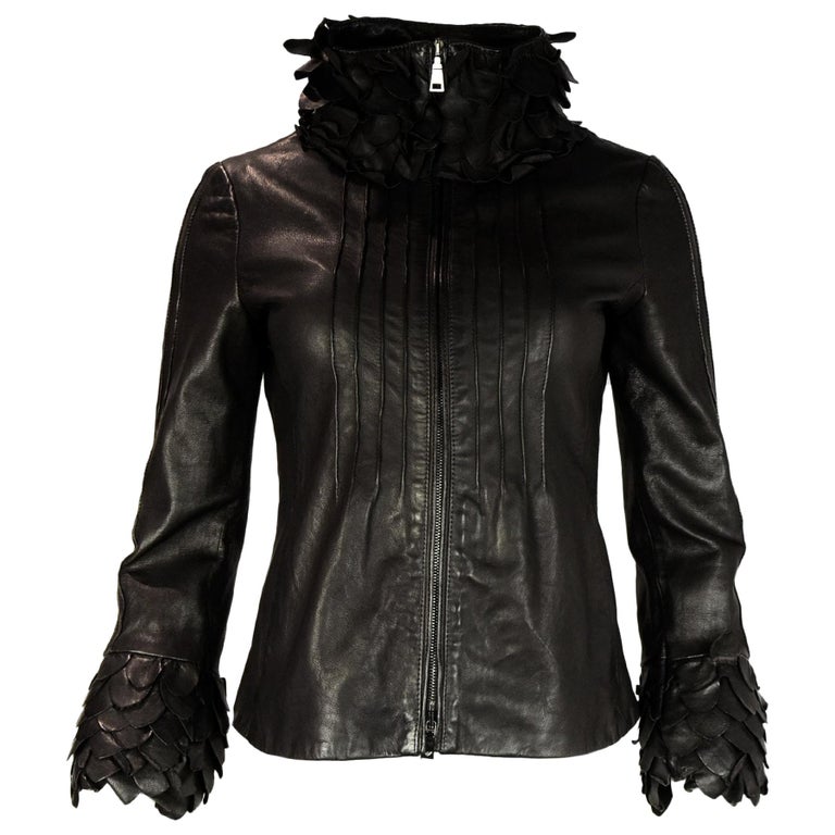 Emporio Armani Brown Leather Jacket W/ Petal Collar and Cuffs Sz 2 For ...
