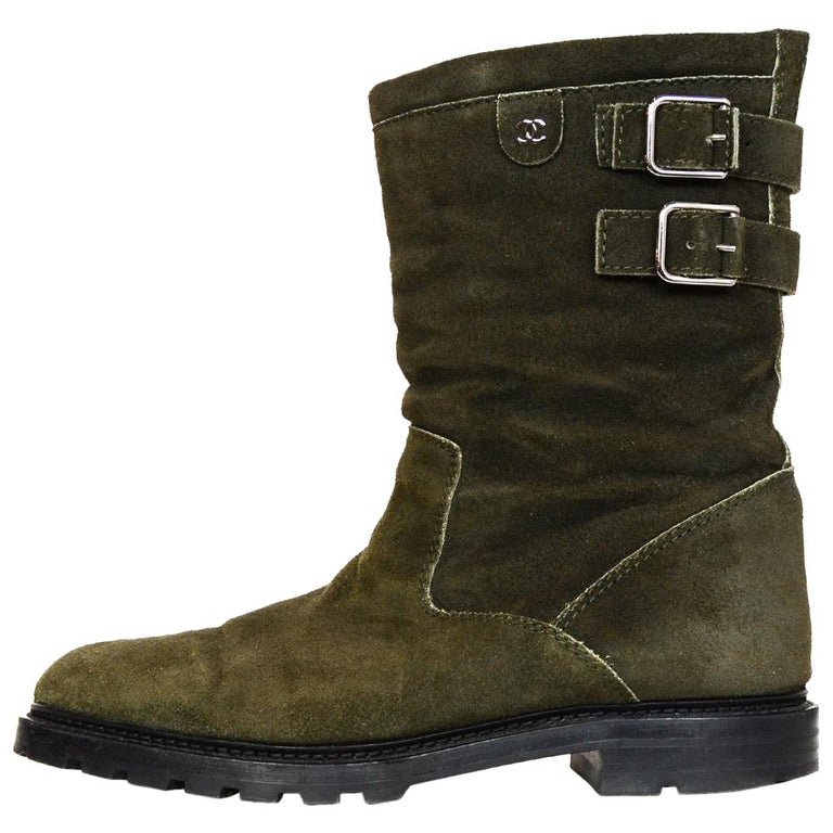 Chanel 2010 Khaki Brown Suede Biker Side Buckle Boots w. CC sz 42 For ...