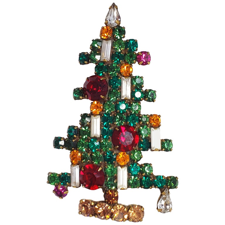 Vintage Weiss Geometrical Crystal Christmas Tree Pin in Green Red ...