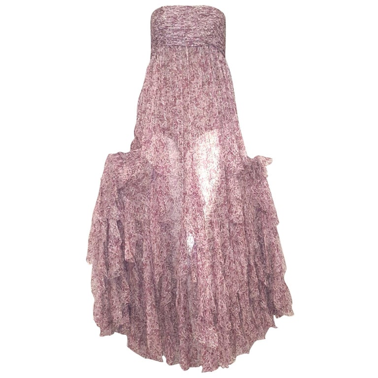Balmain Strapless Lavender and Pink Sheer Silk Ruched Bodice W/ Ruffles ...