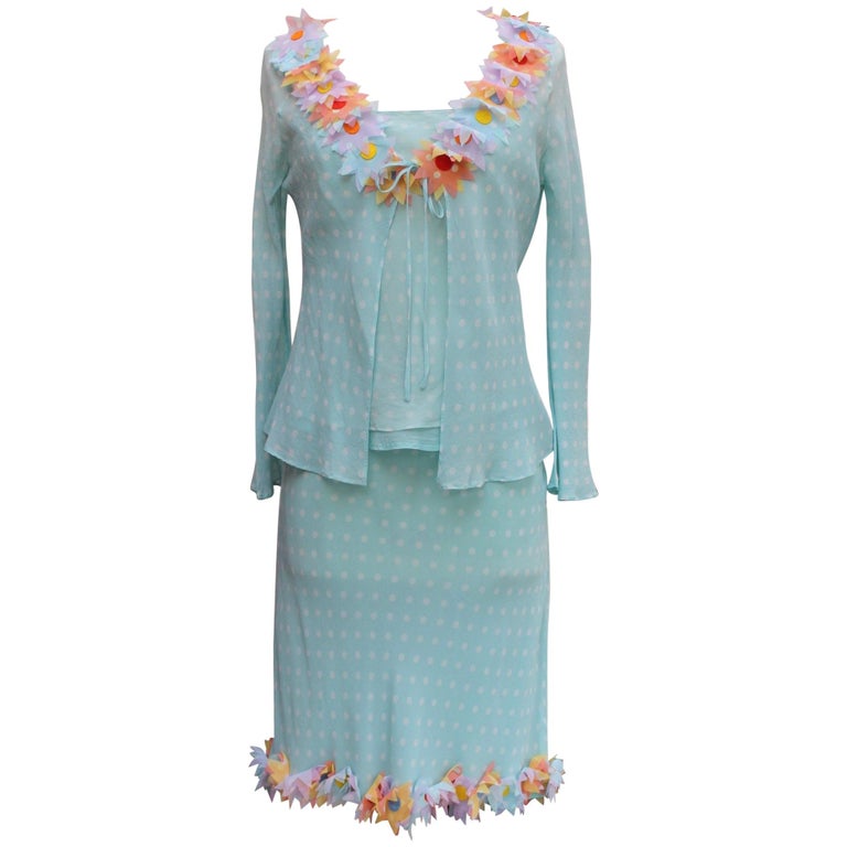 Moschino blue chiffon set with white polka dots For Sale at 1stDibs