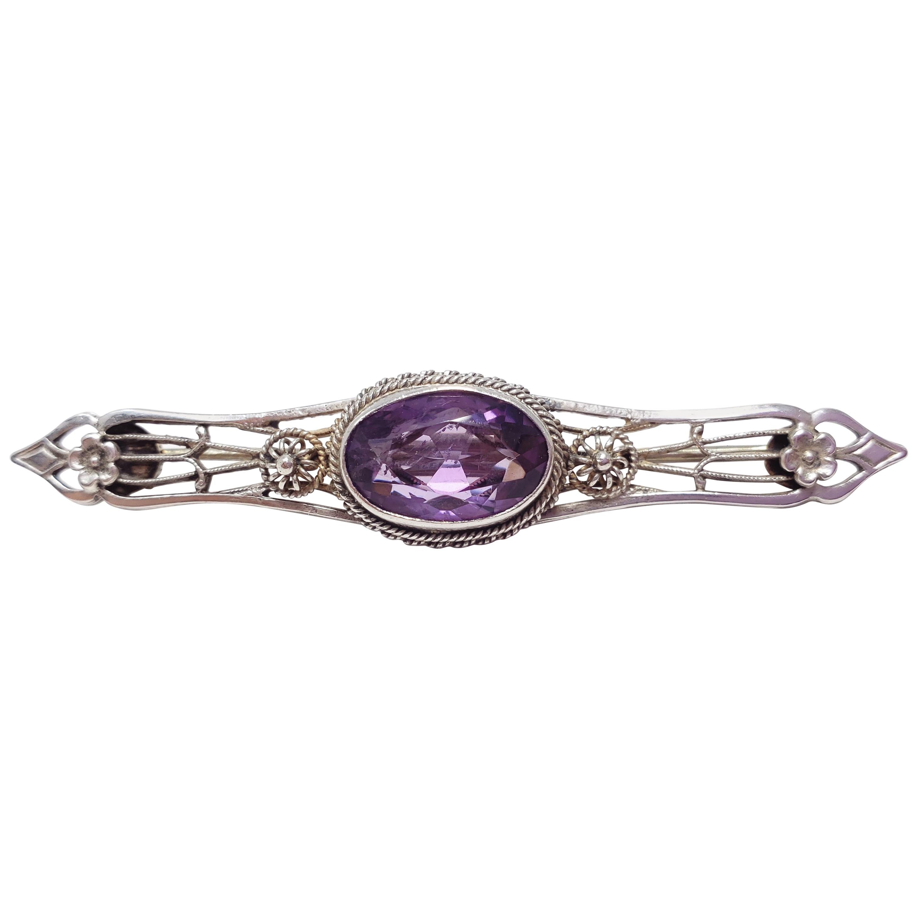 Antique Victorian Amethyst and Sterling Silver Floral Brooch / Sash Pin ...