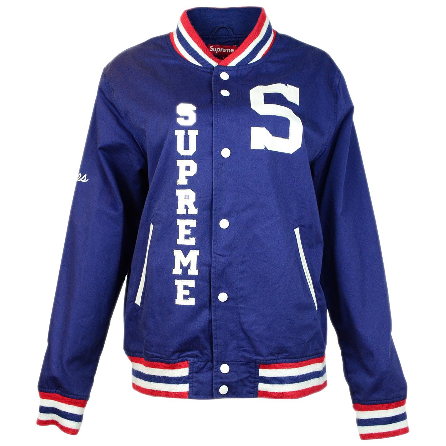 Supreme Unisex Navy Cotton Blend Logo Varsity Jacket Sz Men's L For ...