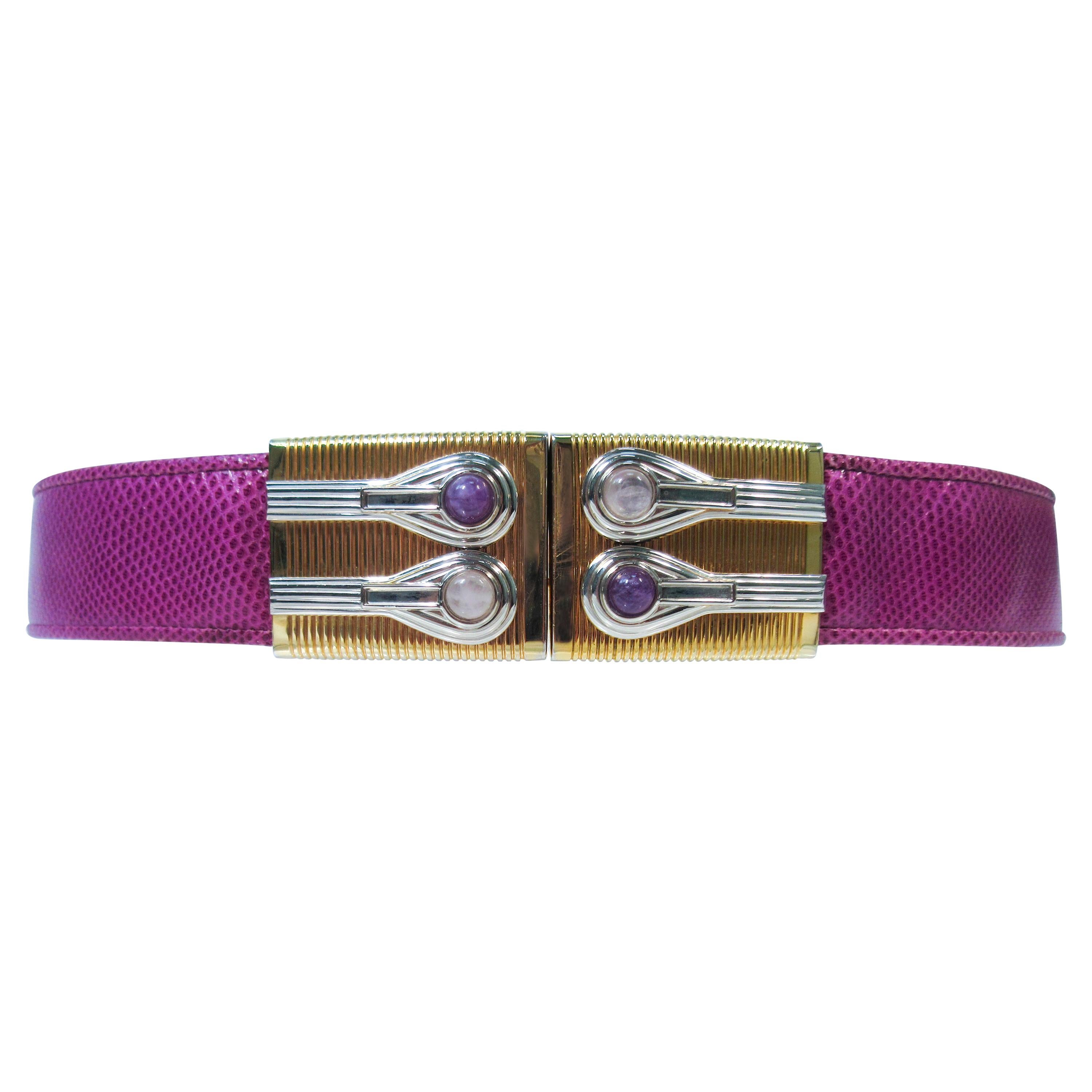 JUDITH LEIBER Magenta Lizard Skin Adjustable Belt with Metal Buckle at ...