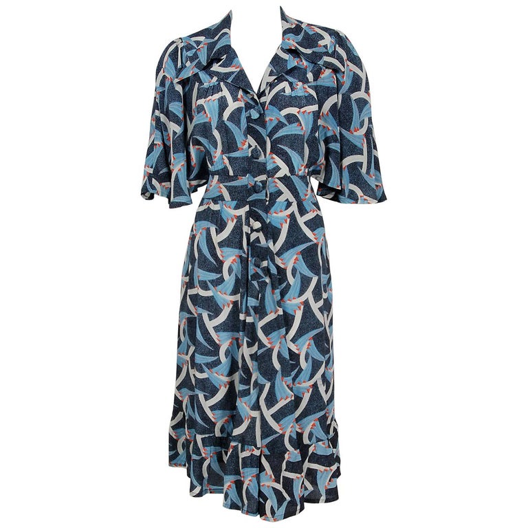 1970's Lee Bender of London Deco Print Rayon Capelet Flutter Button ...