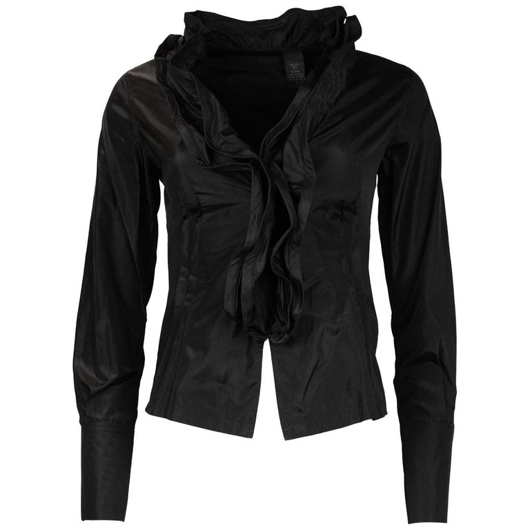 Donna Karan Black Ruffle Front Silk Jacket Sz 2 For Sale at 1stDibs