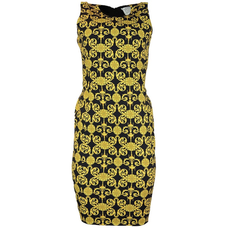 Versace Black and Gold Sleeveless Baroque Printed Dress Sz 6 For Sale ...