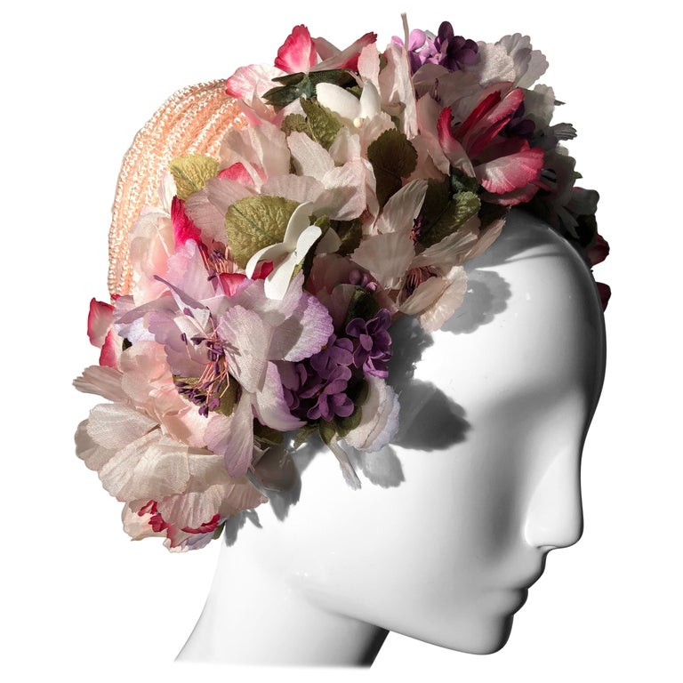 1960s Schiaparelli Straw Spring Hat With Wreath Of Silk Flowers Around ...