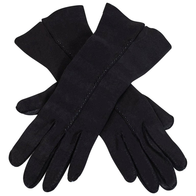 Black Beaded Doeskin Velvet Evening Forearm Gauntlet Gloves - Small ...