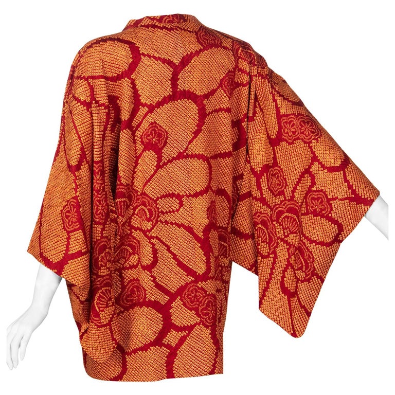 Vintage Silk Shibori Garnet Red Orange Floral Japanese Kimono Jacket ...