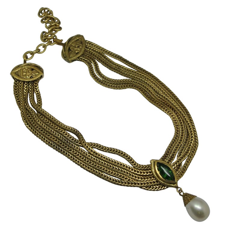 Chanel green gripoix poured glass pearl drop pendant chain necklace at ...