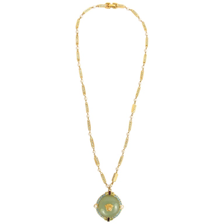 Gianni Versace jade green medusa pendant necklace with coloured stones ...