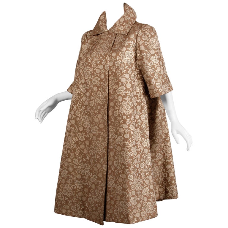 1960s Vintage Metallic Gold + Tan Silk Brocade Trapeze Opera Coat w/ 3/ ...