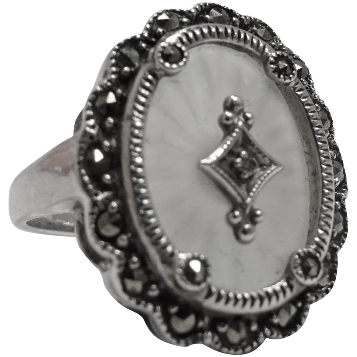 Vintage Diamond and Marcasite Camphor Glass Sterling Silver Ring, Sz 9 ...