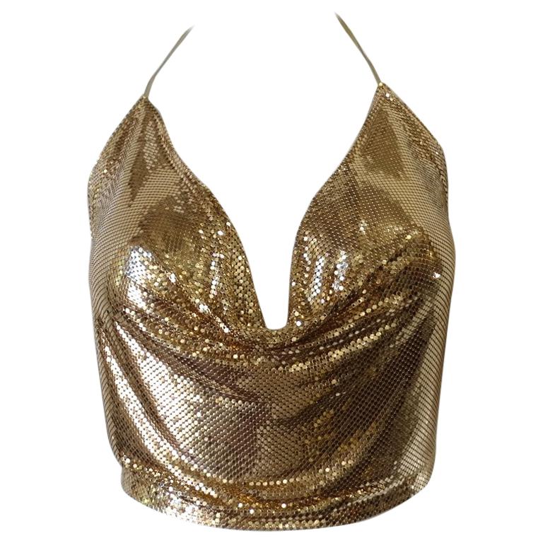 1970s Whiting and Davis Gold Metal Mesh Halter Crop Top at 1stDibs ...