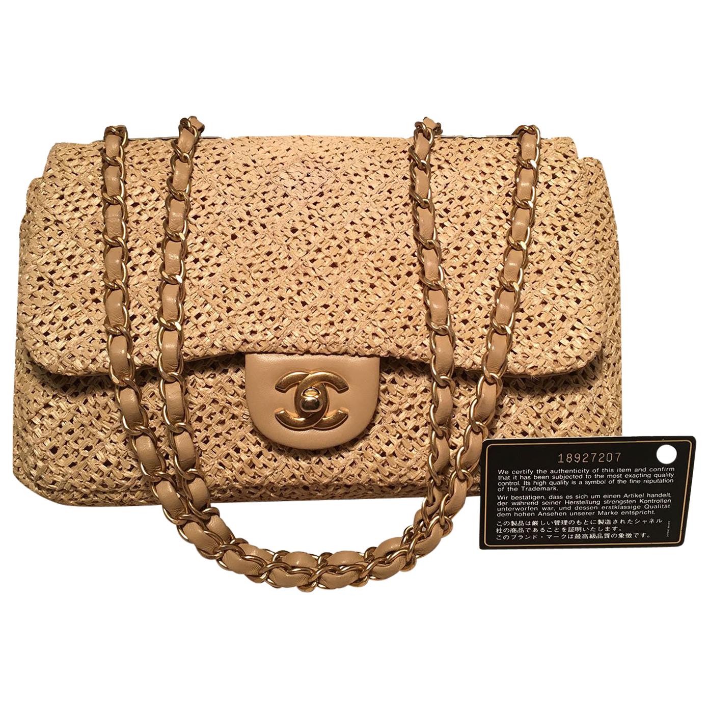 Chanel Tan Raffia Classic Flap Shoulder Bag For Sale at 1stDibs