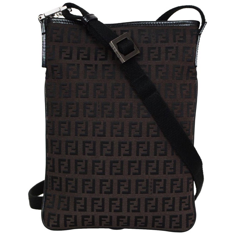 Fendi Dark Brown FF Canvas Monogram Zip Top Flat Crossbody Bag For Sale ...
