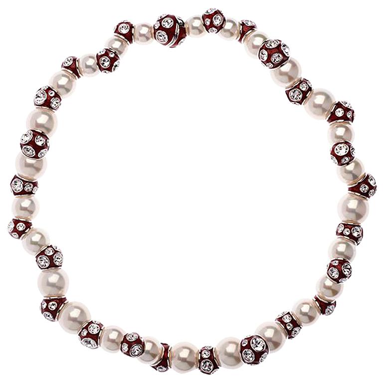 Simon Harrison Valent Pearl And Crystal Set Red Enamel Bead Necklace ...