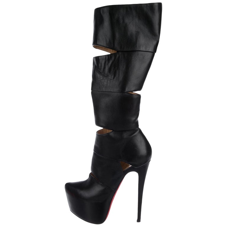 Christian Louboutin NEW Black Leather Cut Out Platform Evening Boots ...