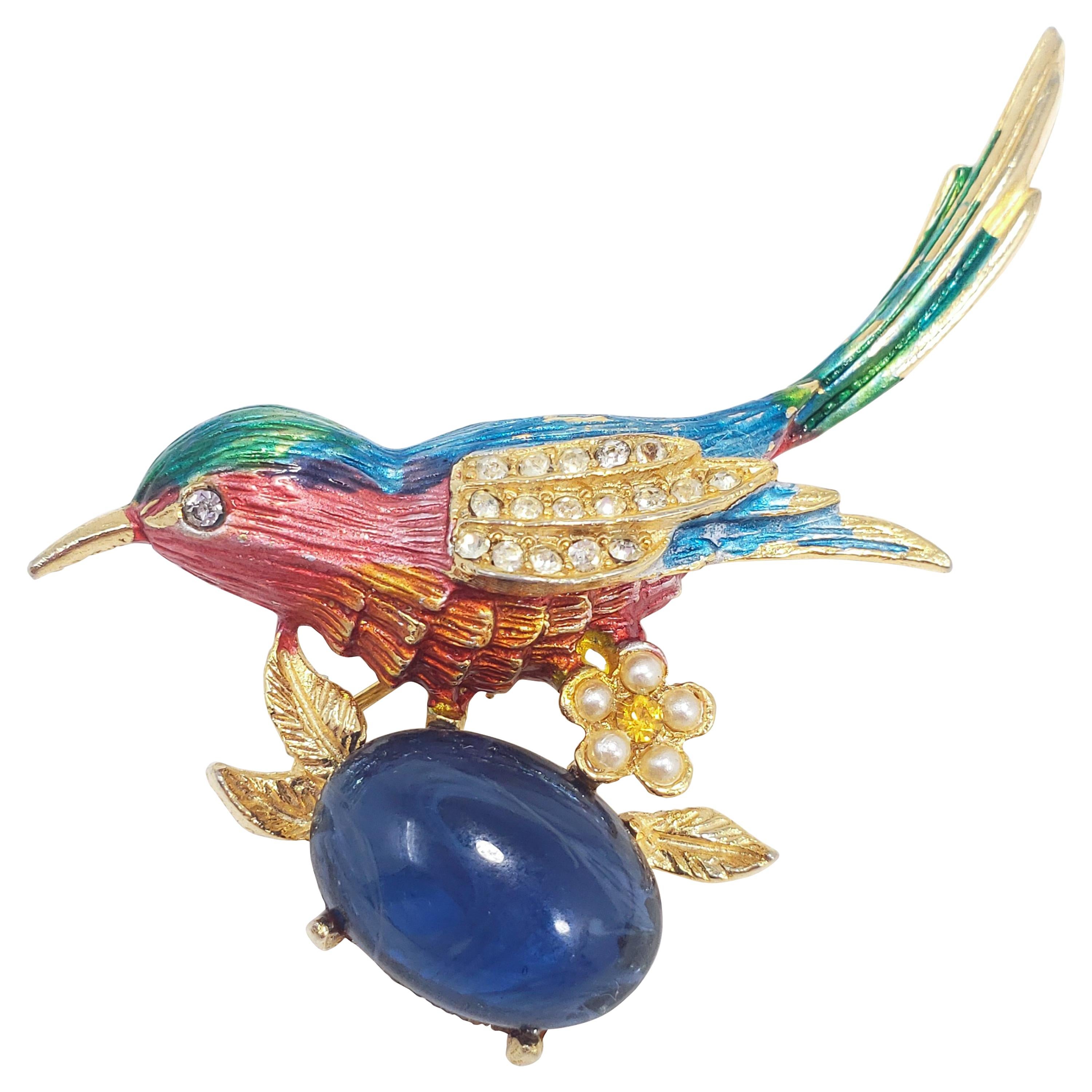 Colorful Enamel, Crystal, and Faux Pearl Bird With Blue Cabochon Egg at ...