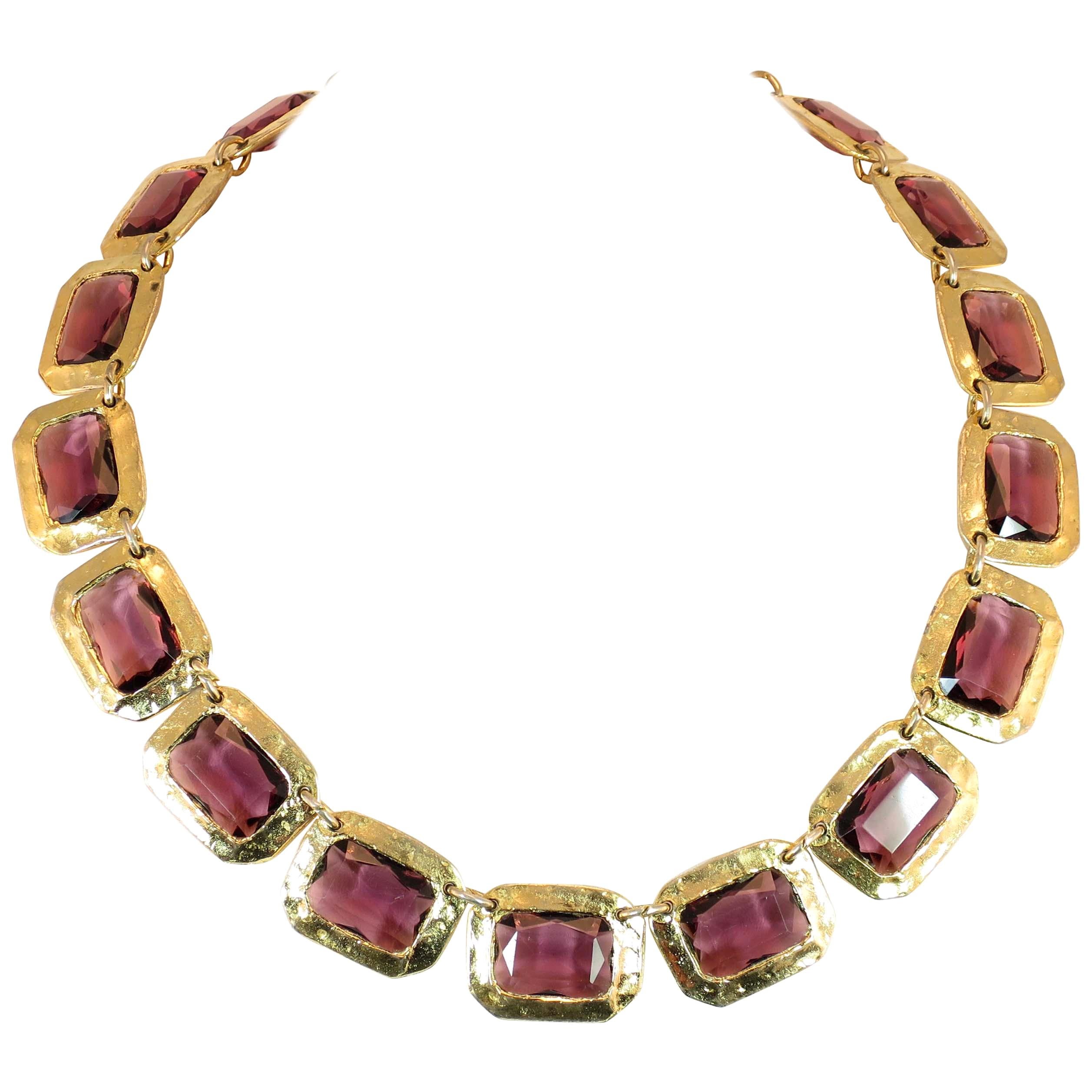 Mid-Century Modern Amethyst Glass Hand-Hammered Linked Collar Necklace ...