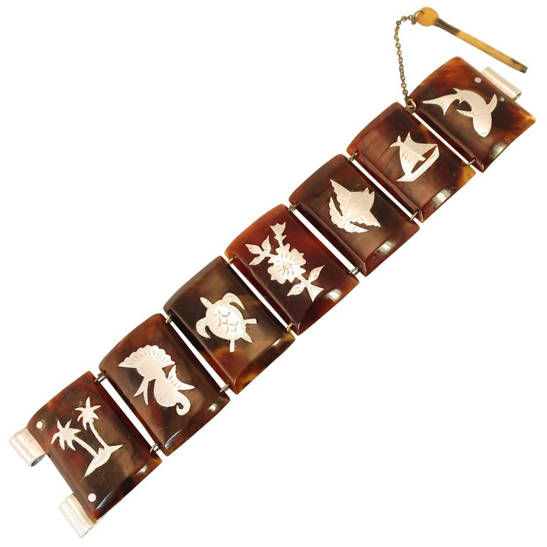 Mid-Century Modern Inlaid Carved Shell Bracelet, South Pacific 1950s ...