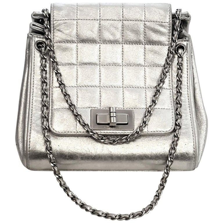 Chanel Mademoiselle Silver Metallic Square Quilt Chain Link Strap Mini ...