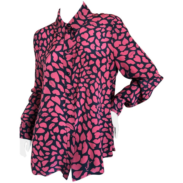Yves Saint Laurent Vintage Heart and Lips Print Snap Front Blouse Size ...