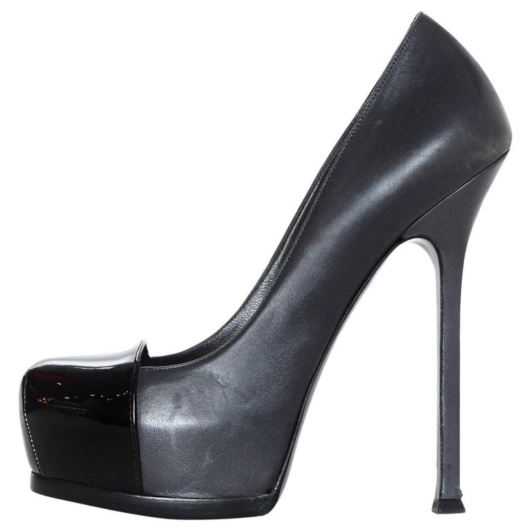 YSL Yves Saint Laurent Grey Leather Tribute Two Pumps W/ Patent Cap Toe ...