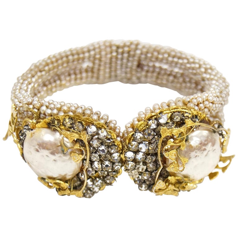 1950s Miriam Haskell Baroque Pearl and Rhinestone Floral Cuff Bracelet ...