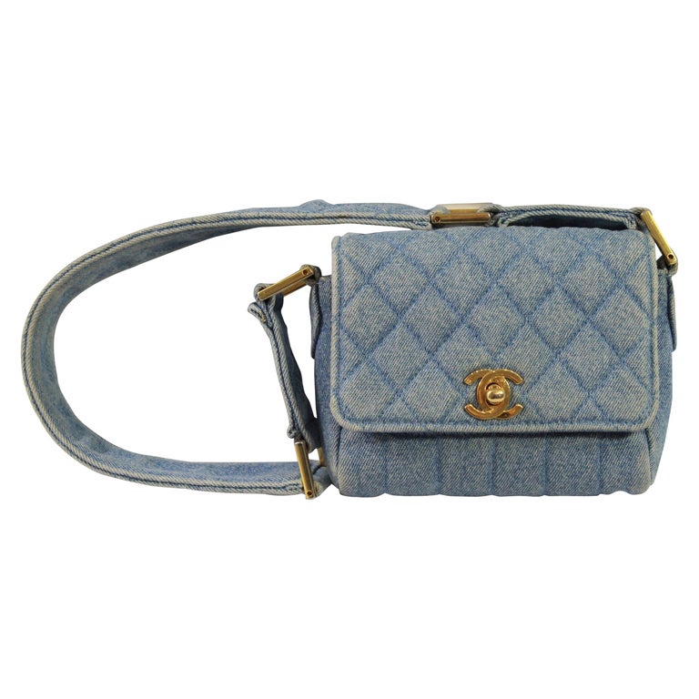Vintage 1991 Chanel Mini Nano Shoulder Bag in Blue denim at 1stDibs