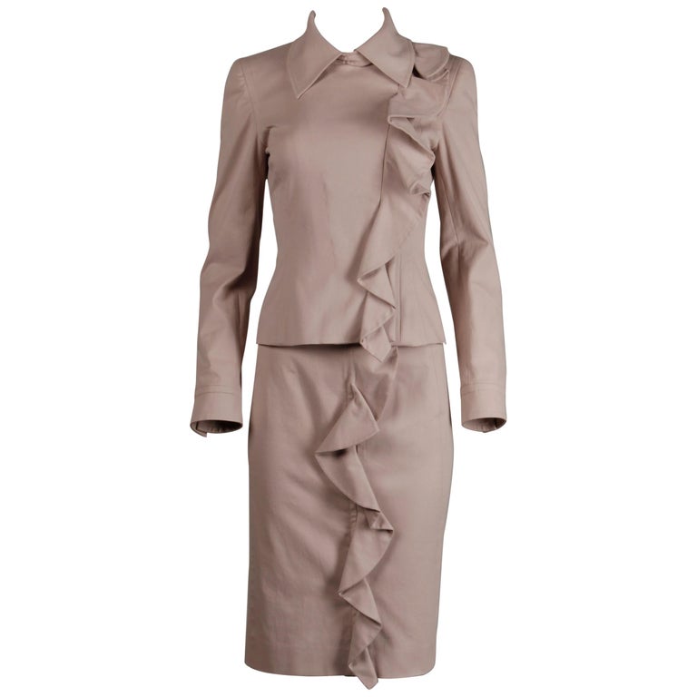 2003 Yves Saint Laurent by Tom Ford Pink Ruffle Jacket + Skirt Suit ...