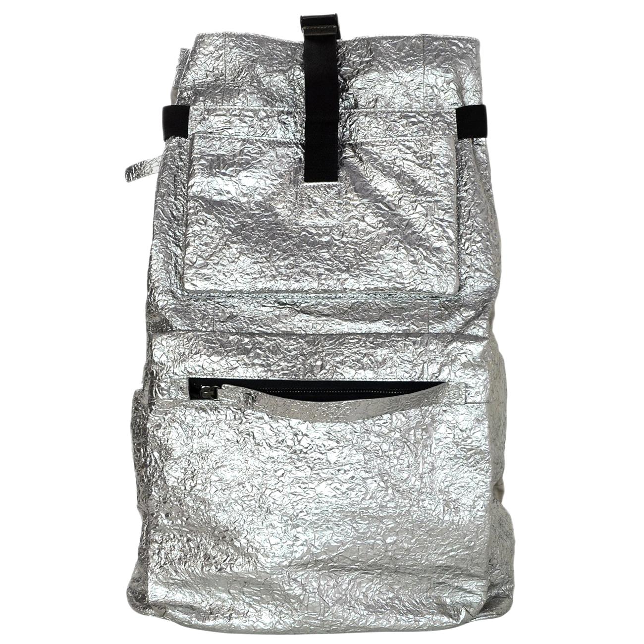 Lanvin Silver Metallic/Grey Crinkle Leather Large Backpack For Sale at ...