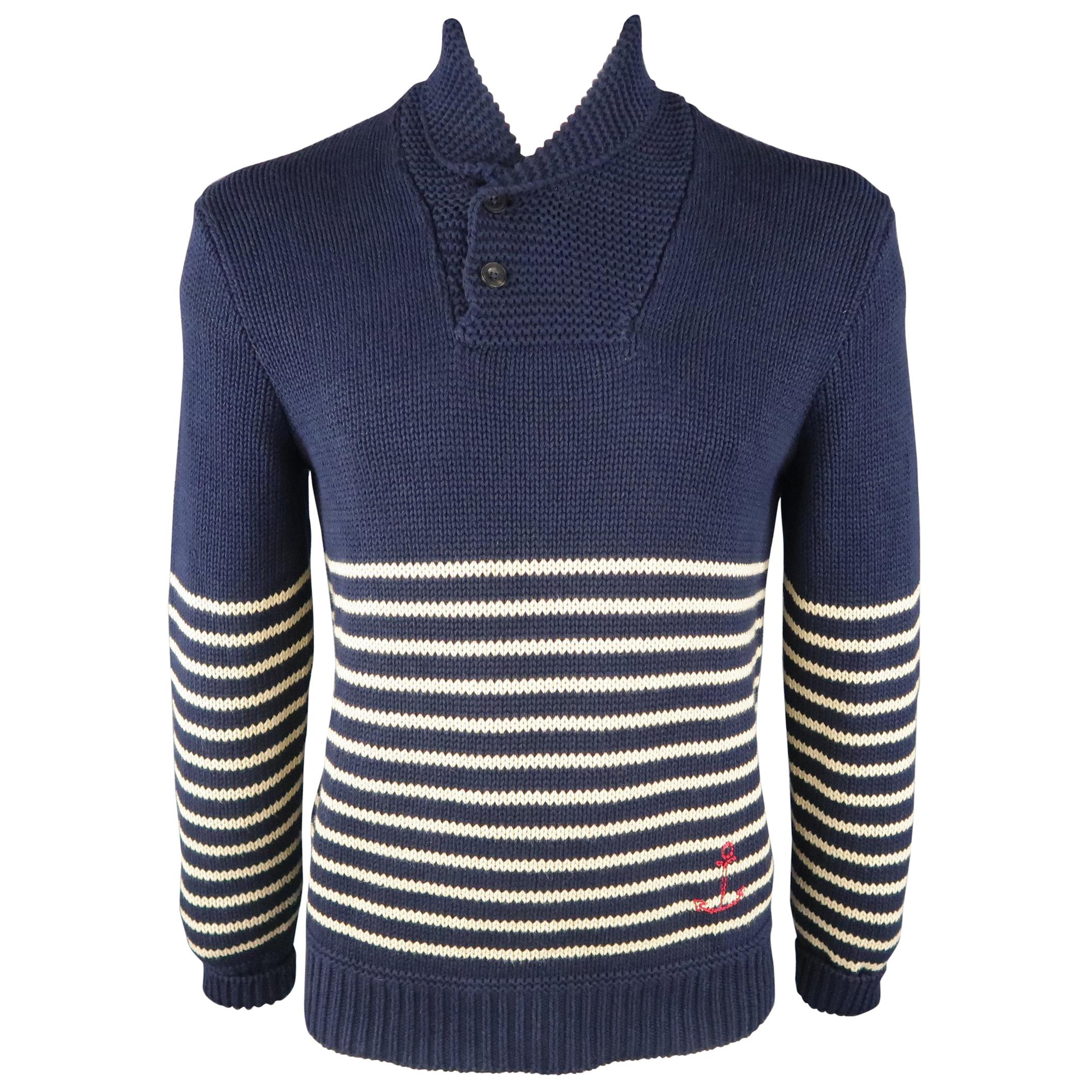 RRL by RALPH LAUREN Size L Navy and Cream Stripe Cotton / Linen Sweater ...