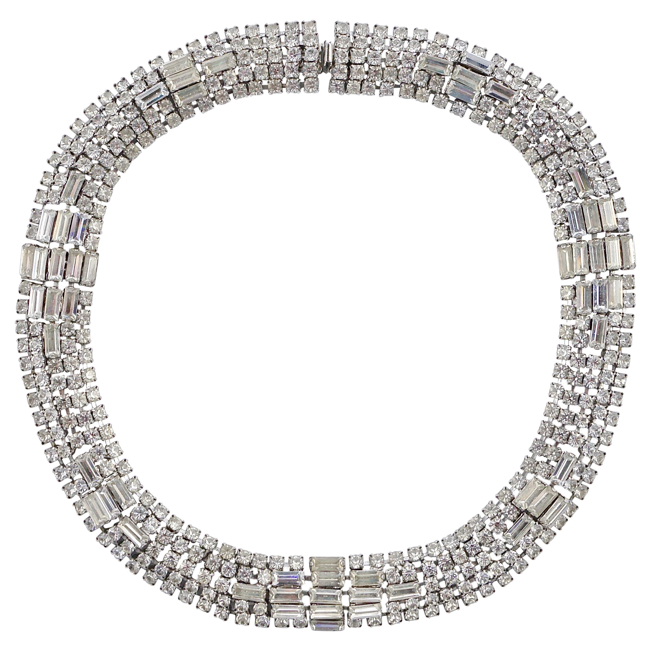 Silver Tone Classic Clear Rhinestone Collar / Necklace, circa 1950s at ...