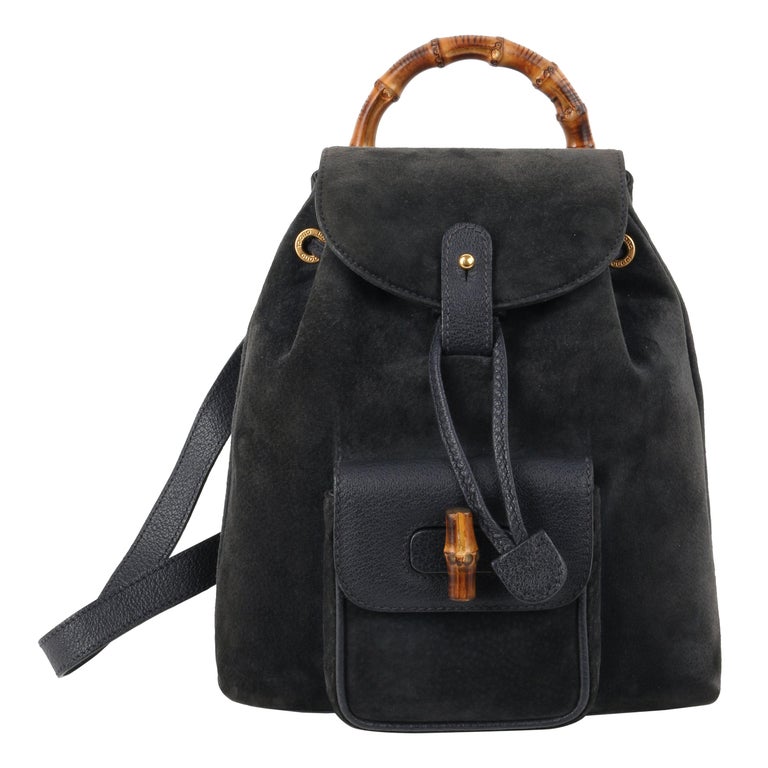 GUCCI Grey-Blue Suede and Leather Bamboo Handle Mini Drawstring ...