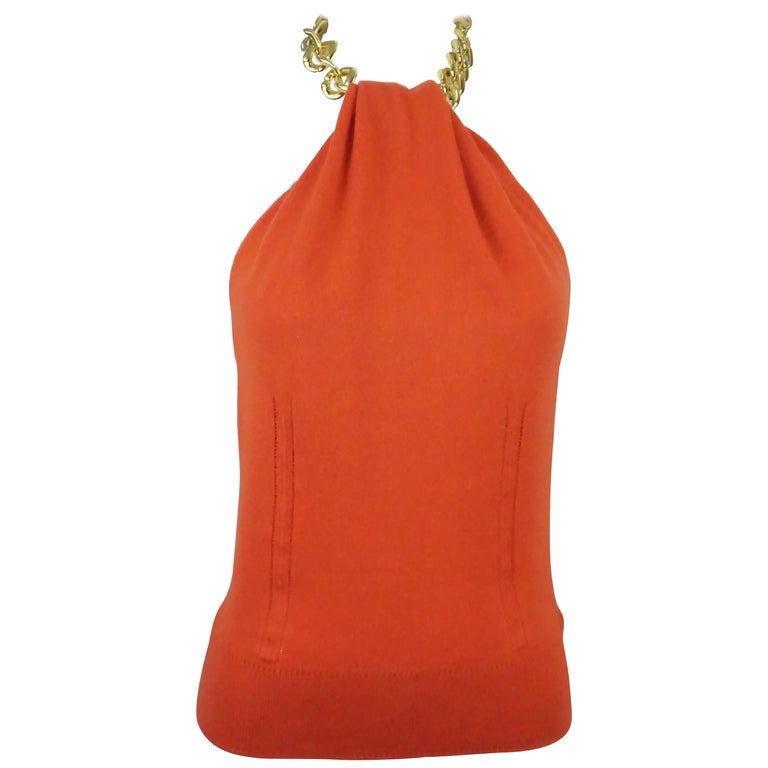Milly Orange Cashmere Halter Top w/ Gold Chain - Small For Sale at ...