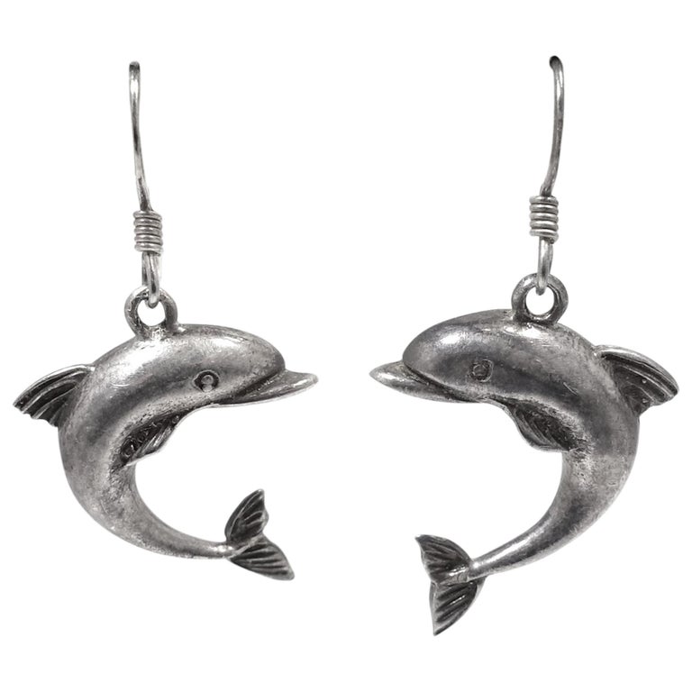 Vintage Sterling Silver Dolphin Pierced Earrings at 1stDibs