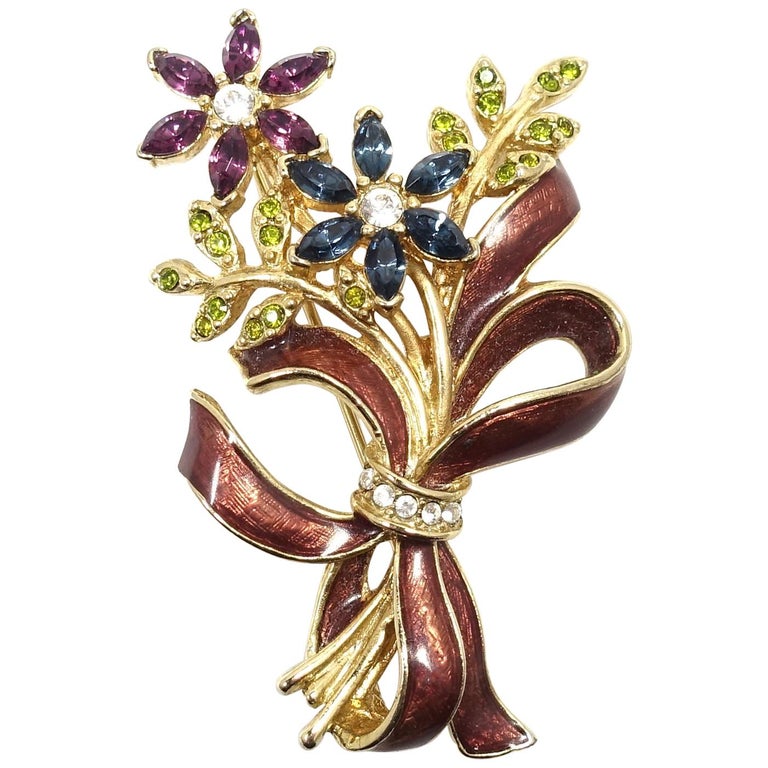 Vintage Signed Monet Multi-Color Crystals and Enameling Floral Brooch ...