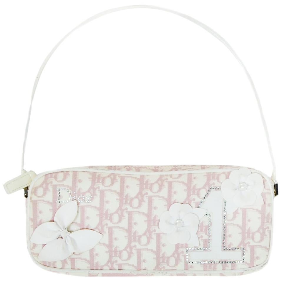 Christian Dior Pink/White Monogram Canvas Crystal/Floral Pochette Bag ...