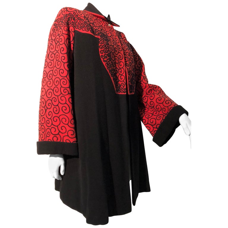 1940s Cordé-Embroidered Black and Red Stroller Coat W/ Deep Cuffs and ...