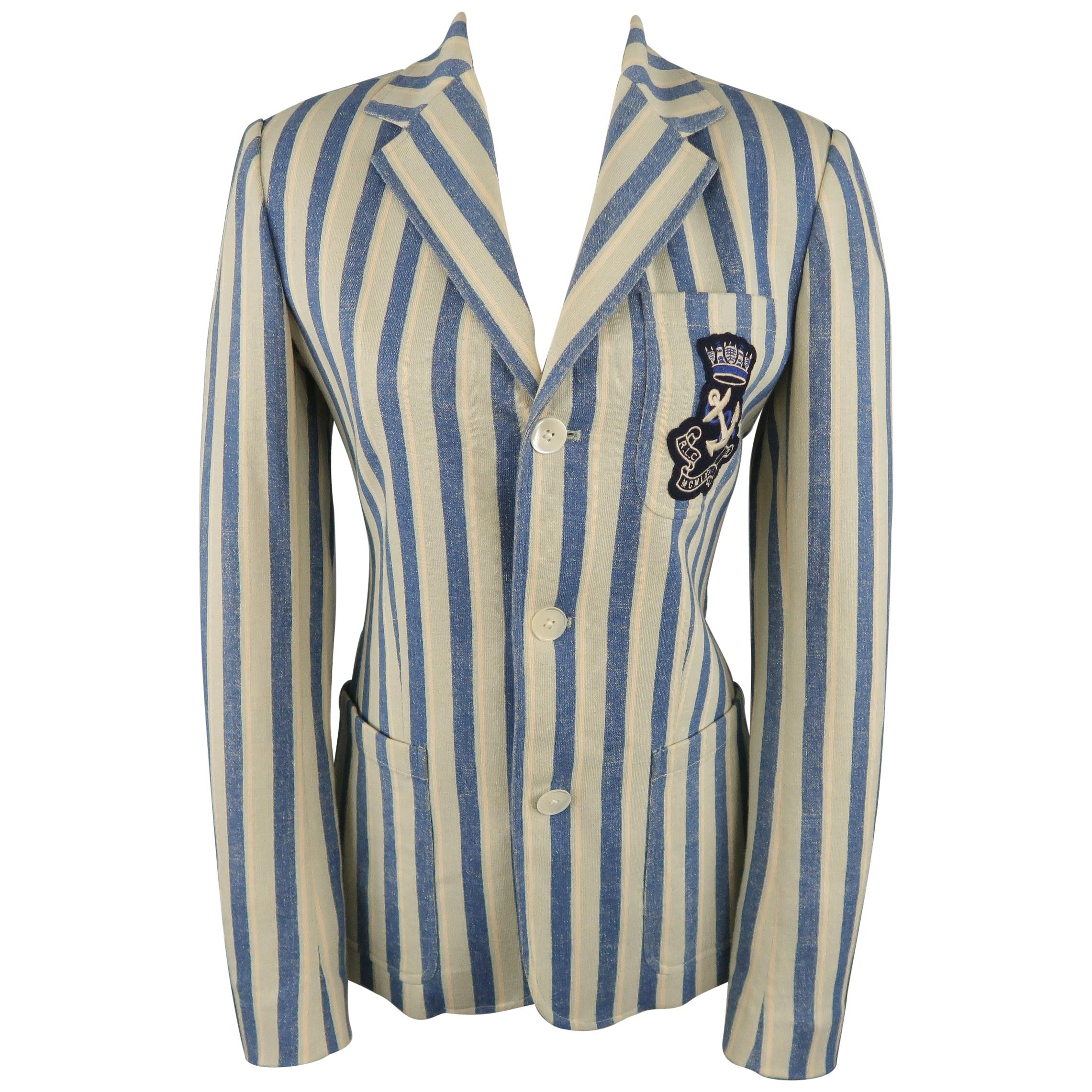 RALPH LAUREN Size 6 Light Blue Striped Cotton Crest Patch Jacket at 1stDibs