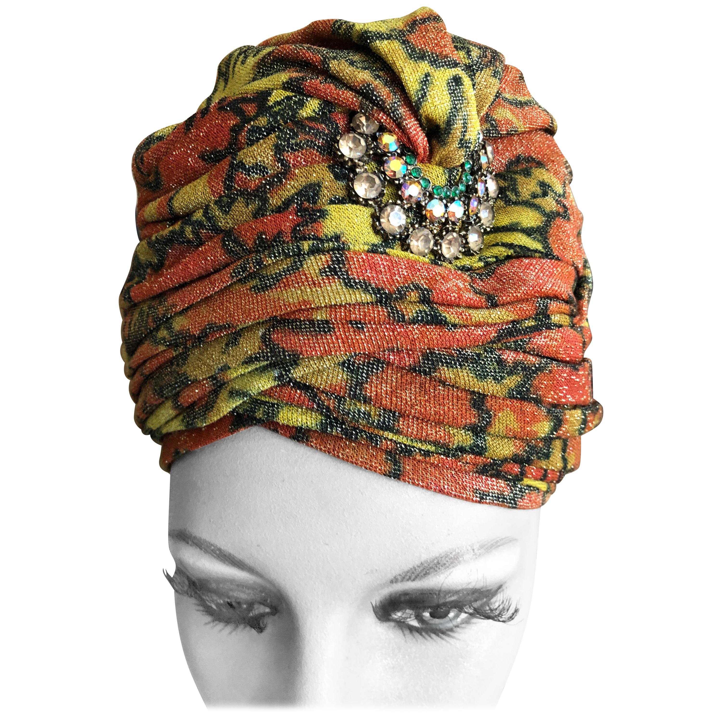 Schiapparelli Tall Metallic Floral Turban with Crescent Jewel Accent at ...