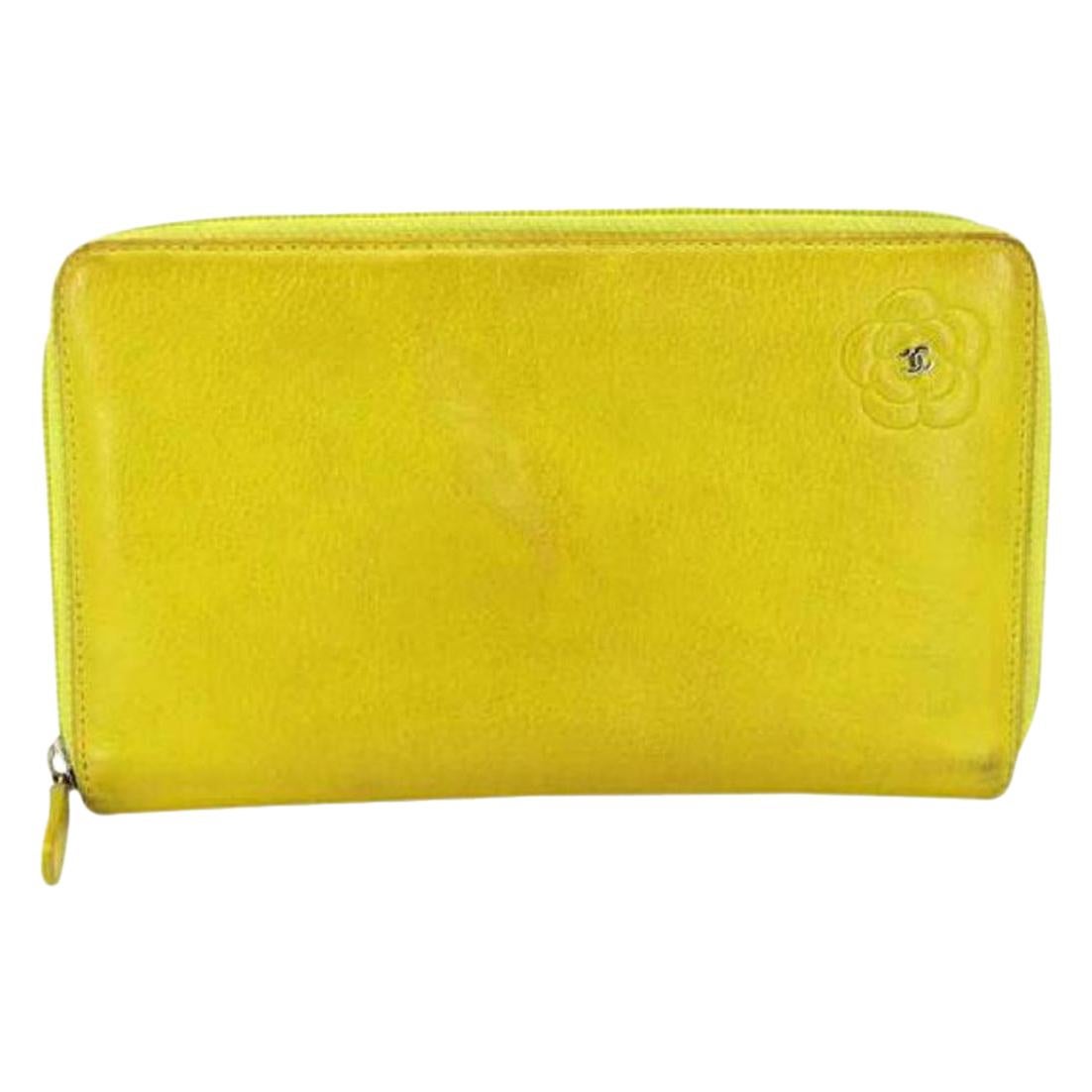 Chanel Yellow Cc Camellia Zip Around 217237 Wallet For Sale at 1stDibs